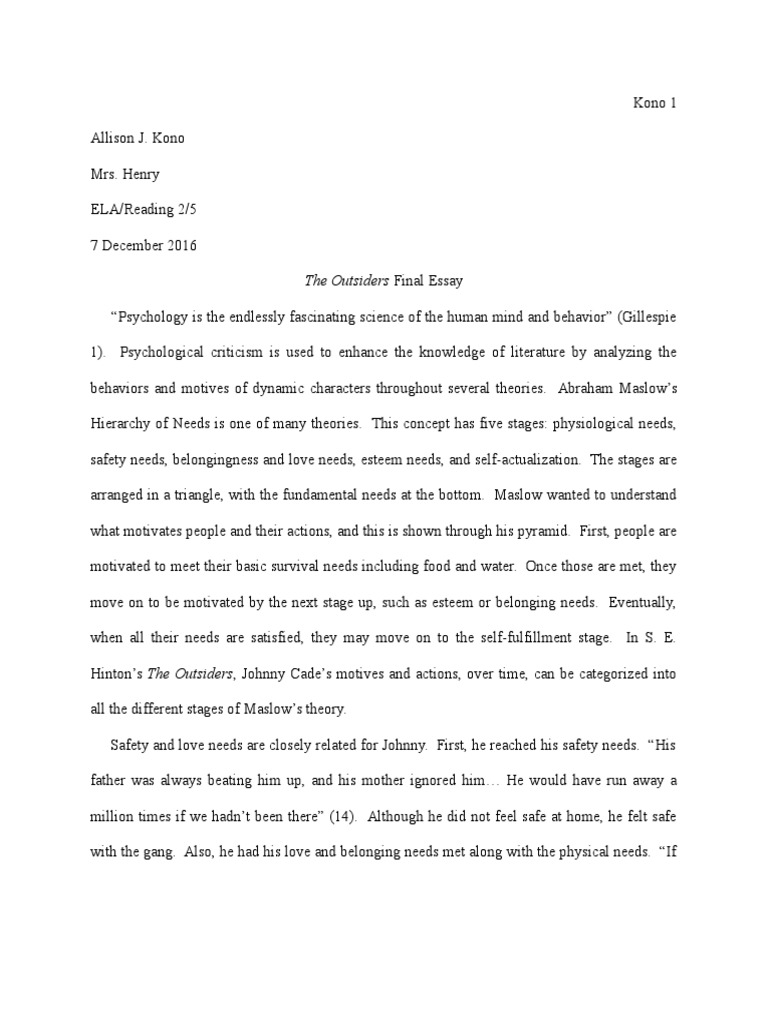 The Outsiders Final Essay Allison Kono | PDF | Self Actualization ...