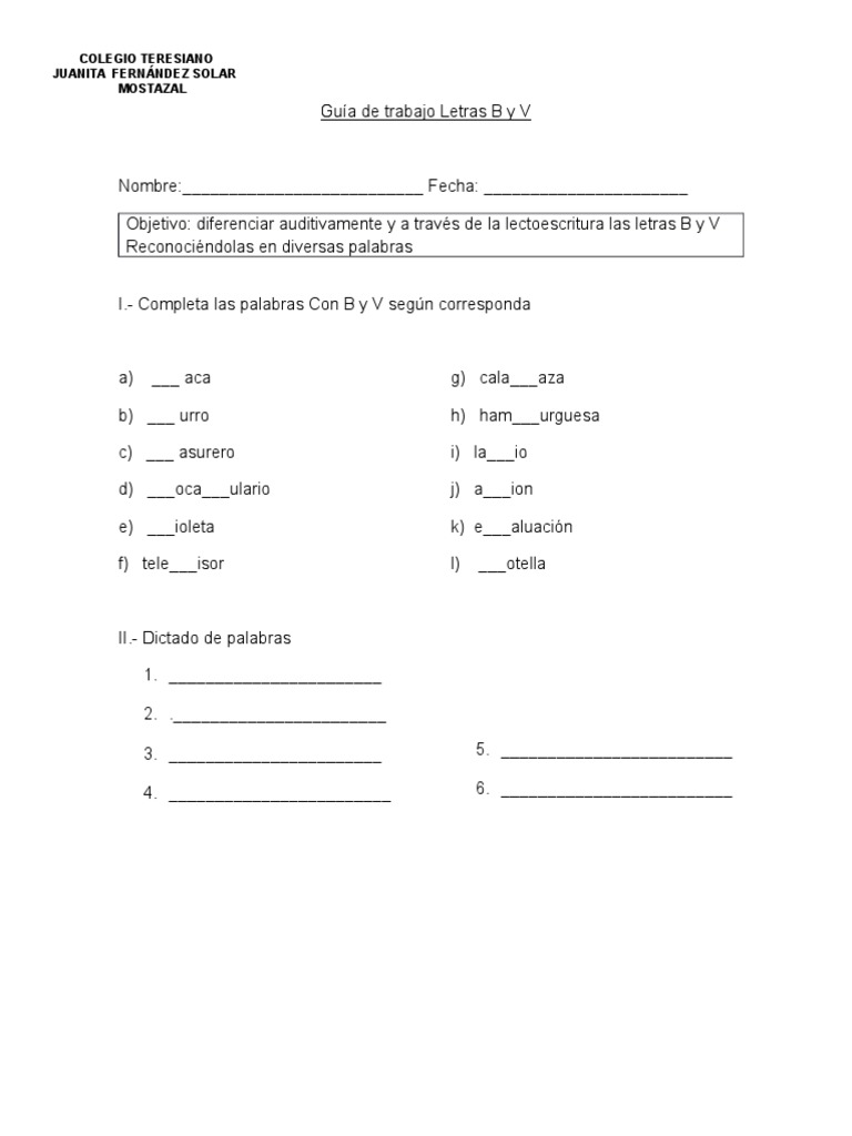 Guía de Ejercicios: Letras B y V | PDF | Artes del Lenguaje y Comunicación