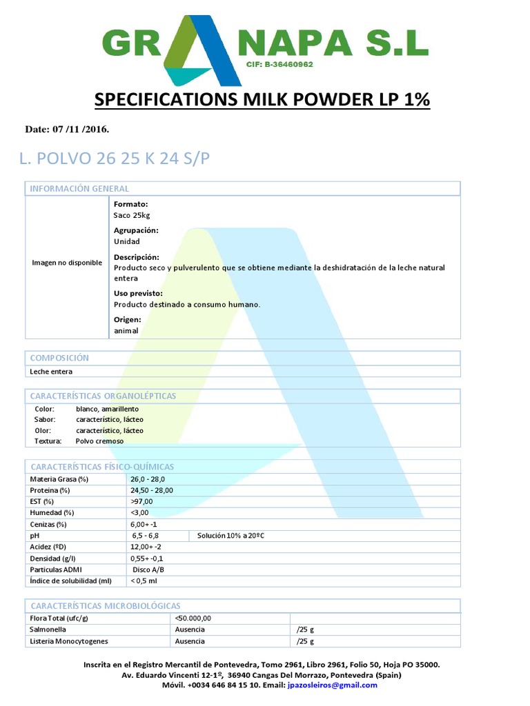 Specifications of Milk Powder LP 26% 15021 - GMX | Descargar gratis PDF ...