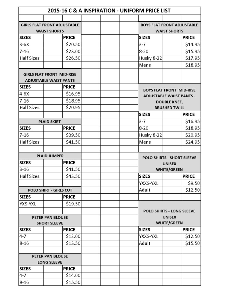 2015-16 C & A Inspiration - Uniform Price List: Sizes Price Sizes Price ...