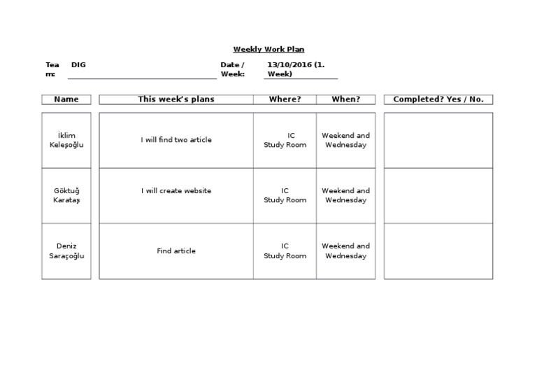 Weekly Work Plan for Team DIG | PDF | Language Arts & Discipline