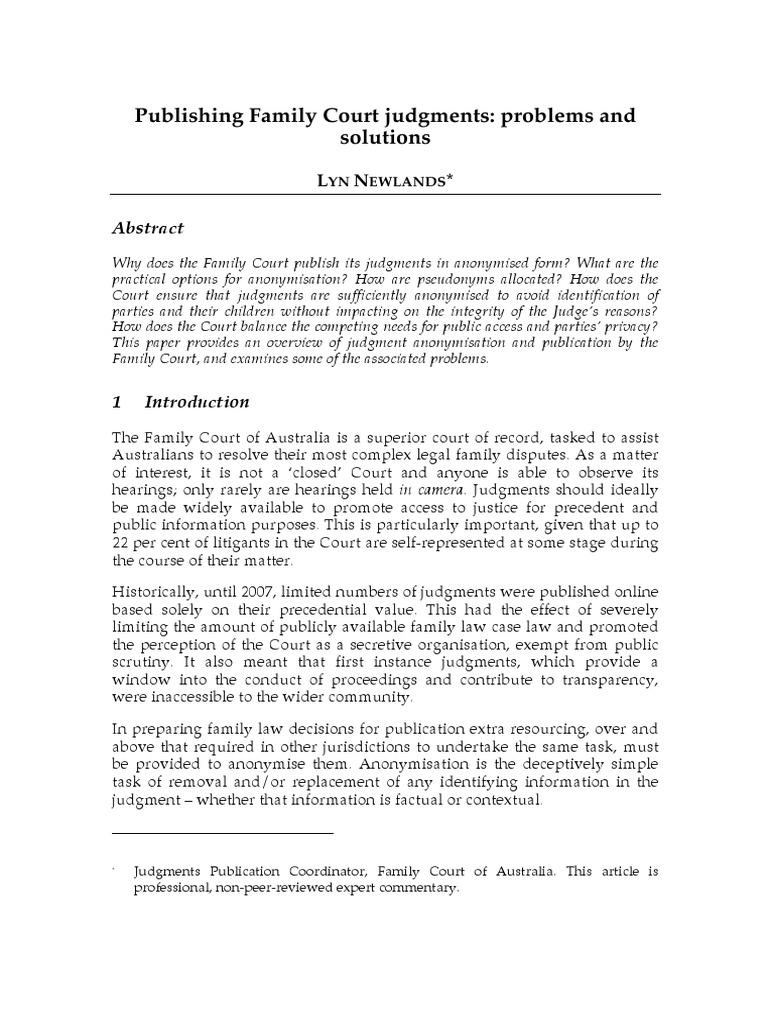 Publishing Family Court Judgments: Problems and Solutions, Lyn Newlands ...