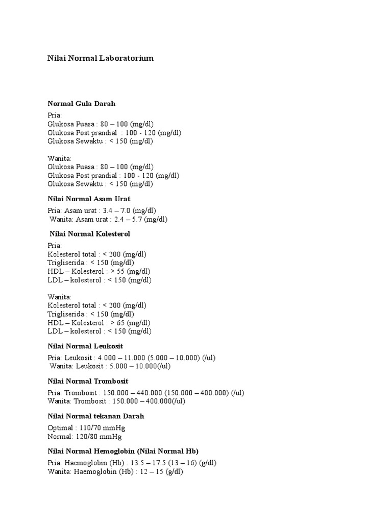 Nilai Normal Laboratorium Kesehatan | PDF | Wellness | Lifestyle