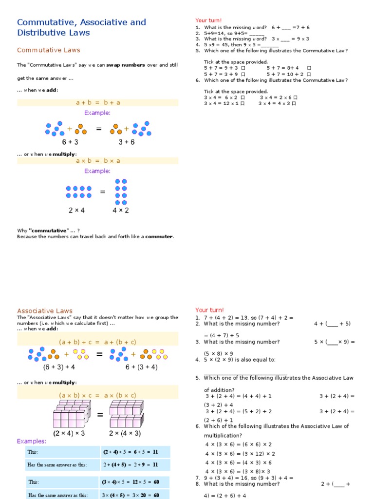 Commutative, Associative and Distributive Laws | PDF | Multiplication ...