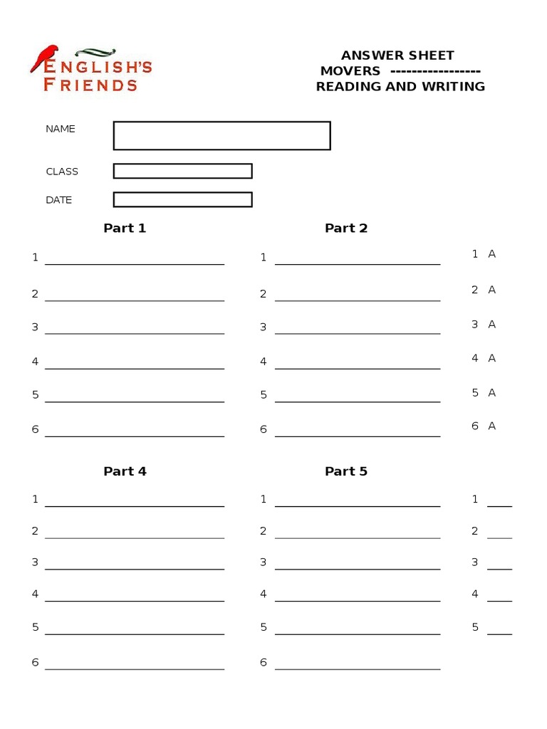 Answer Sheet Movers Reading & Listening