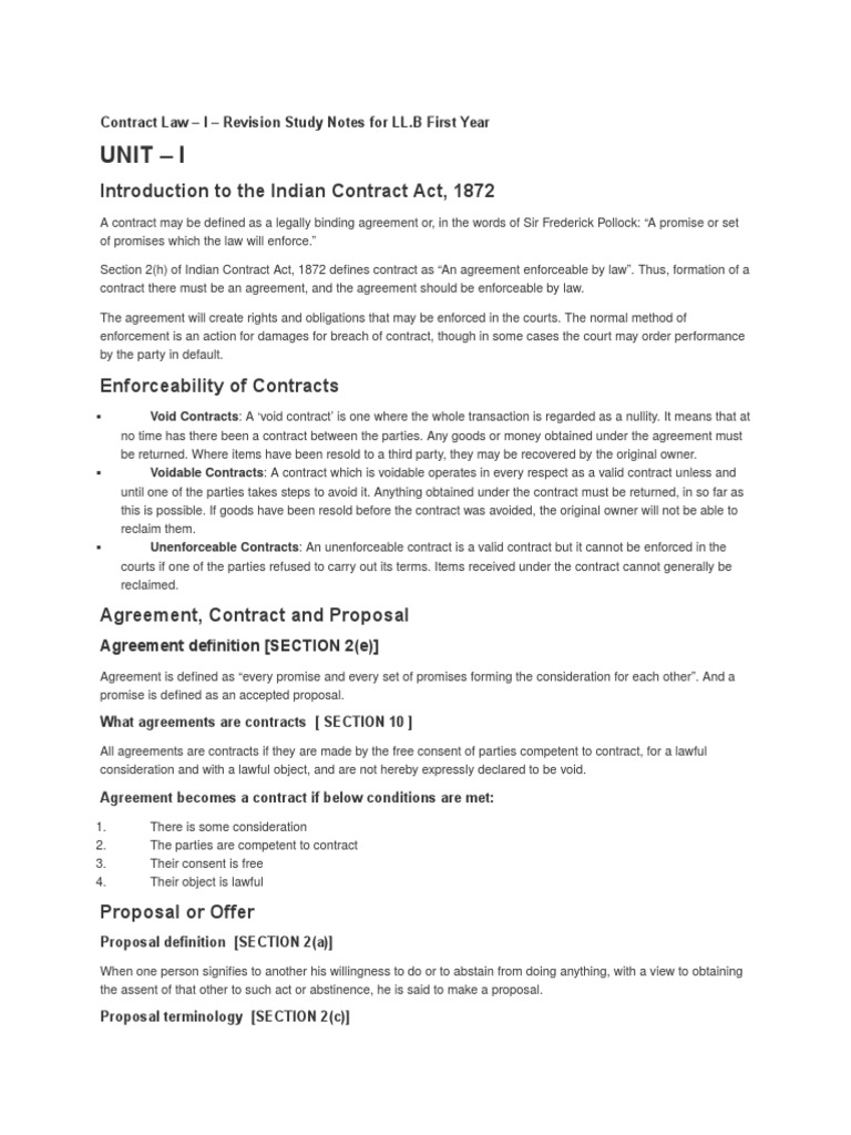 Unit - I: Introduction To The Indian Contract Act, 1872 | PDF