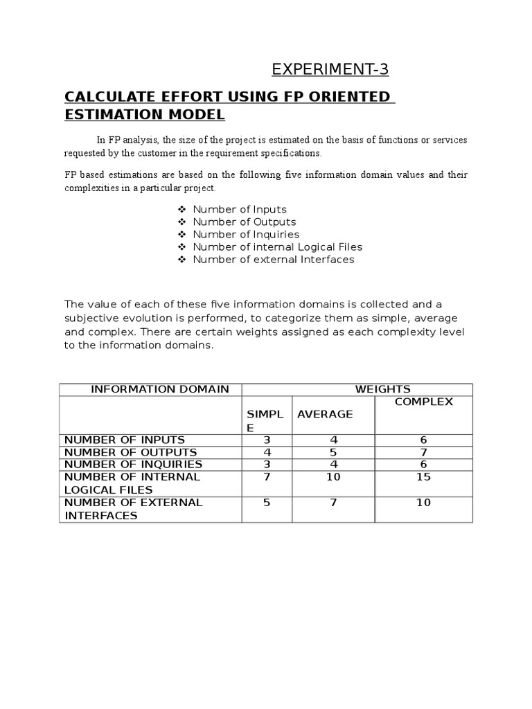 Experiment-3: Calculate Effort Using FP Oriented Estimation Model | PDF