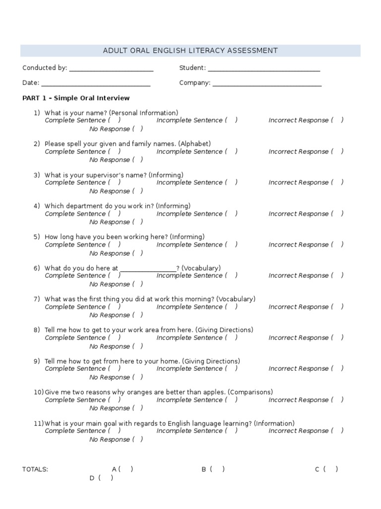 Adult Oral English Literacy Assessment | PDF | Reading Comprehension ...