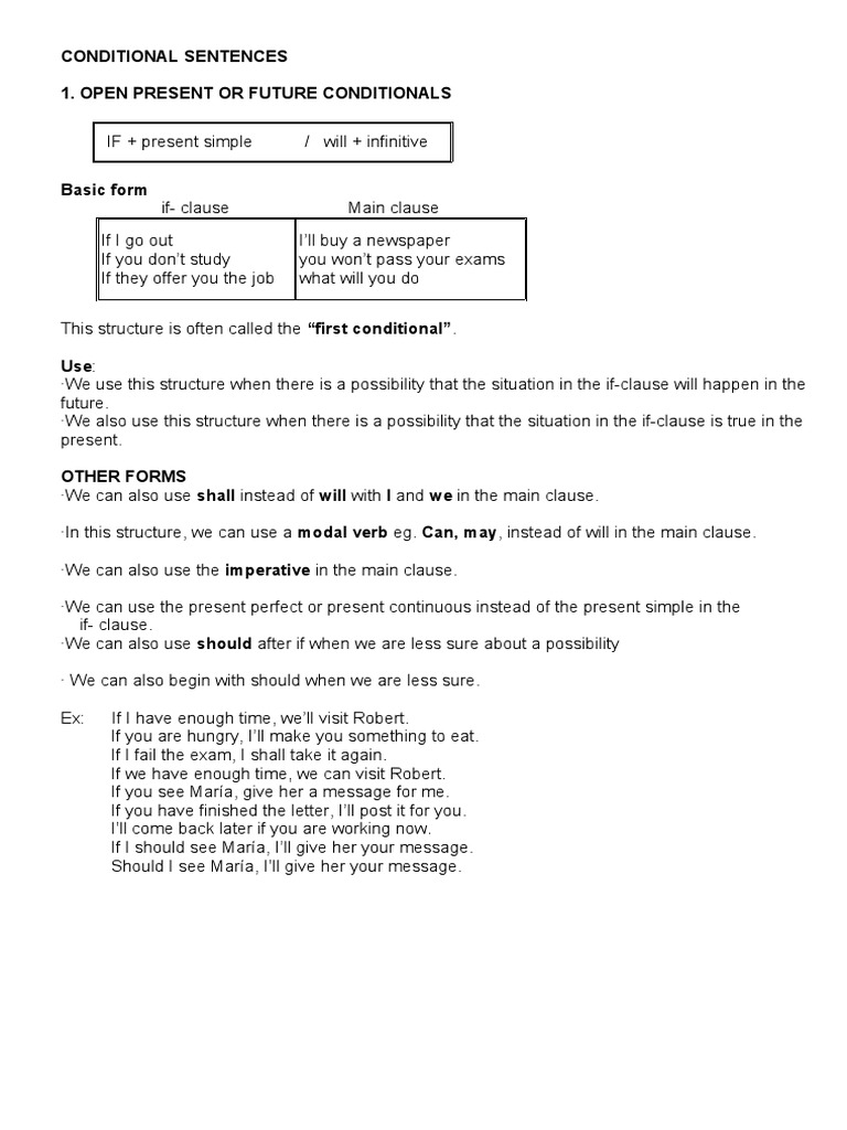 Conditional Sentences 1. Open Present or Future Conditionals | PDF
