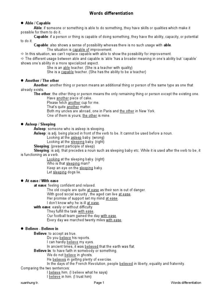 Words Differentiation | PDF | Noun | Adjective