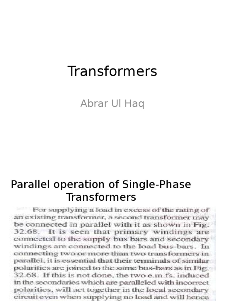 Parallel Operation of Single-Phase Transformers | PDF