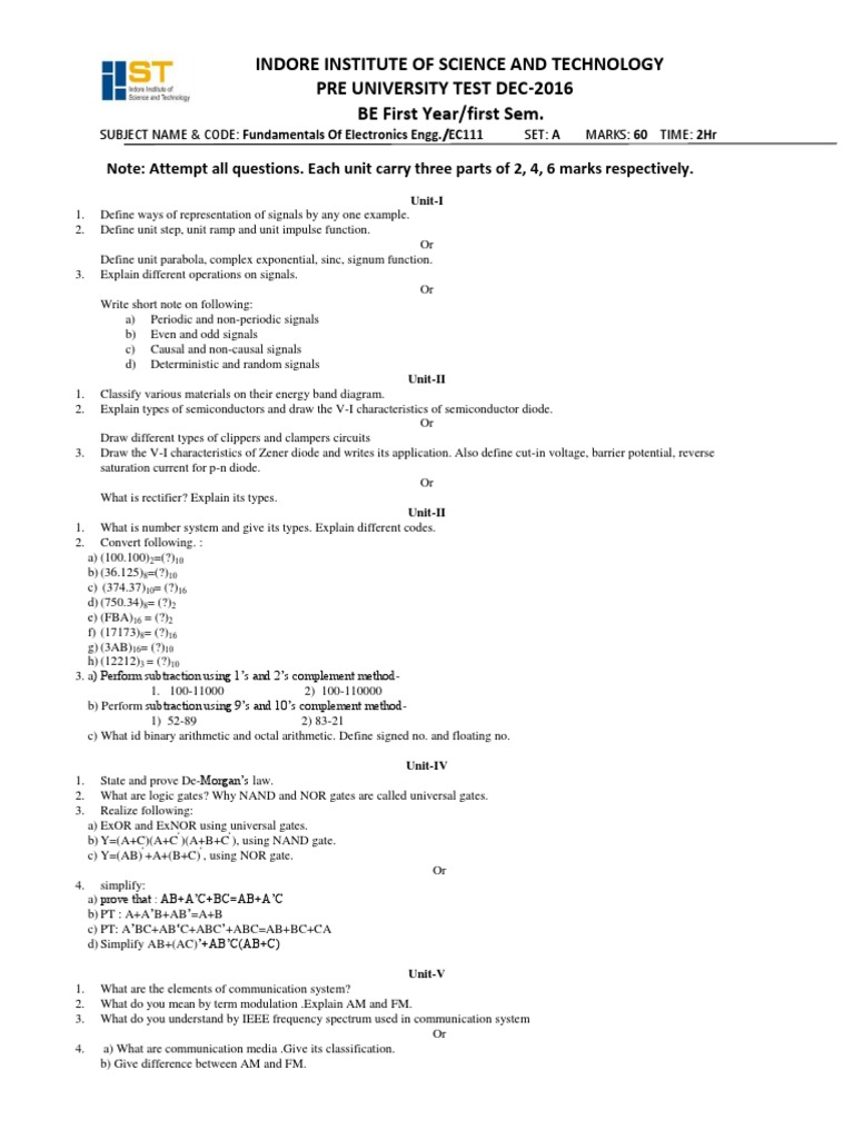 Indore Institute of Science and Technology Pre University Test Dec-2016 ...