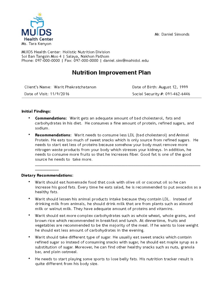 Nutrition Report Example Rittt | PDF | Nutrition | Diet & Nutrition