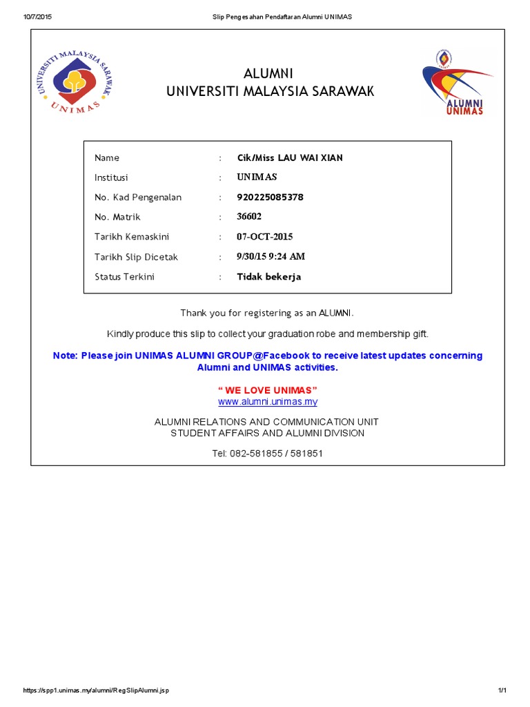 Slip Pengesahan Pendaftaran Alumni UNIMAS | PDF