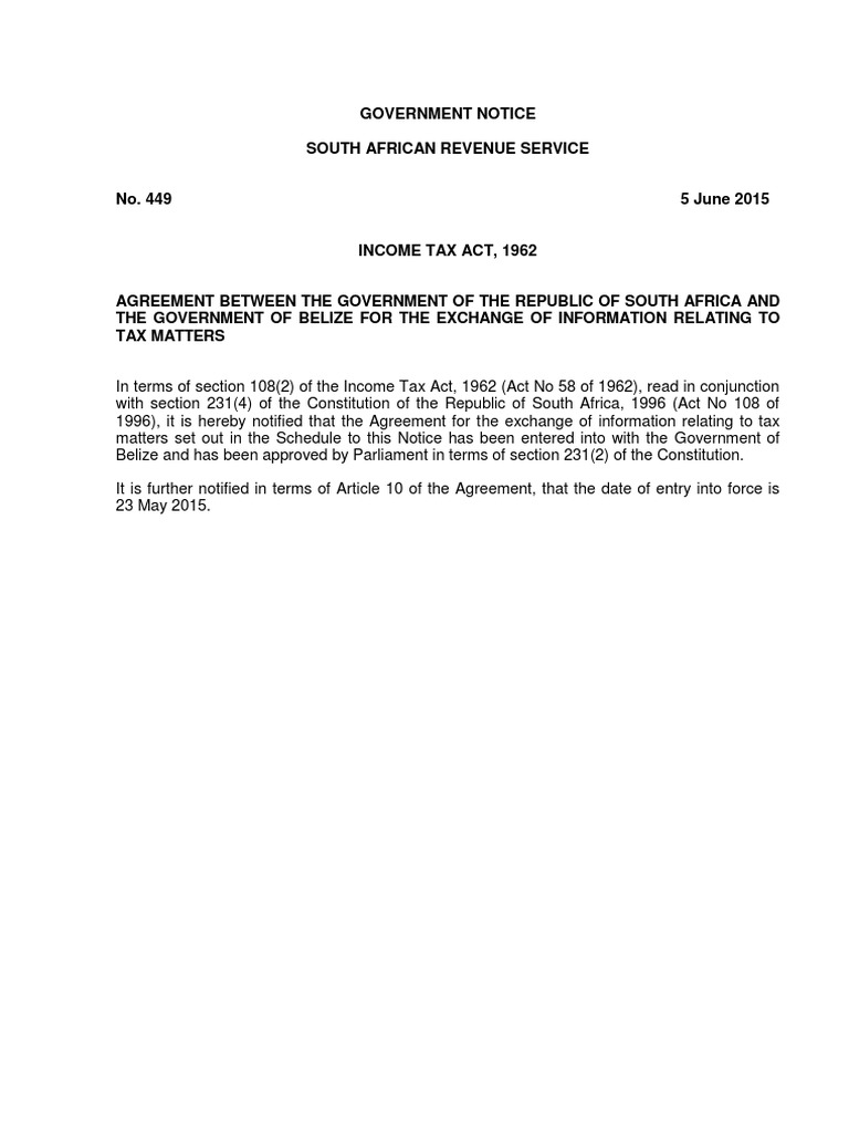 TIEA Agreement Between Belize and South Africa | PDF | Legal Personality | Taxes