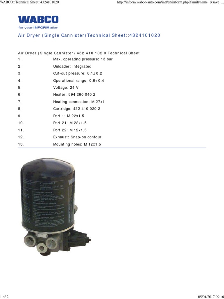 WABCO Technical Sheet 4324101020 | PDF