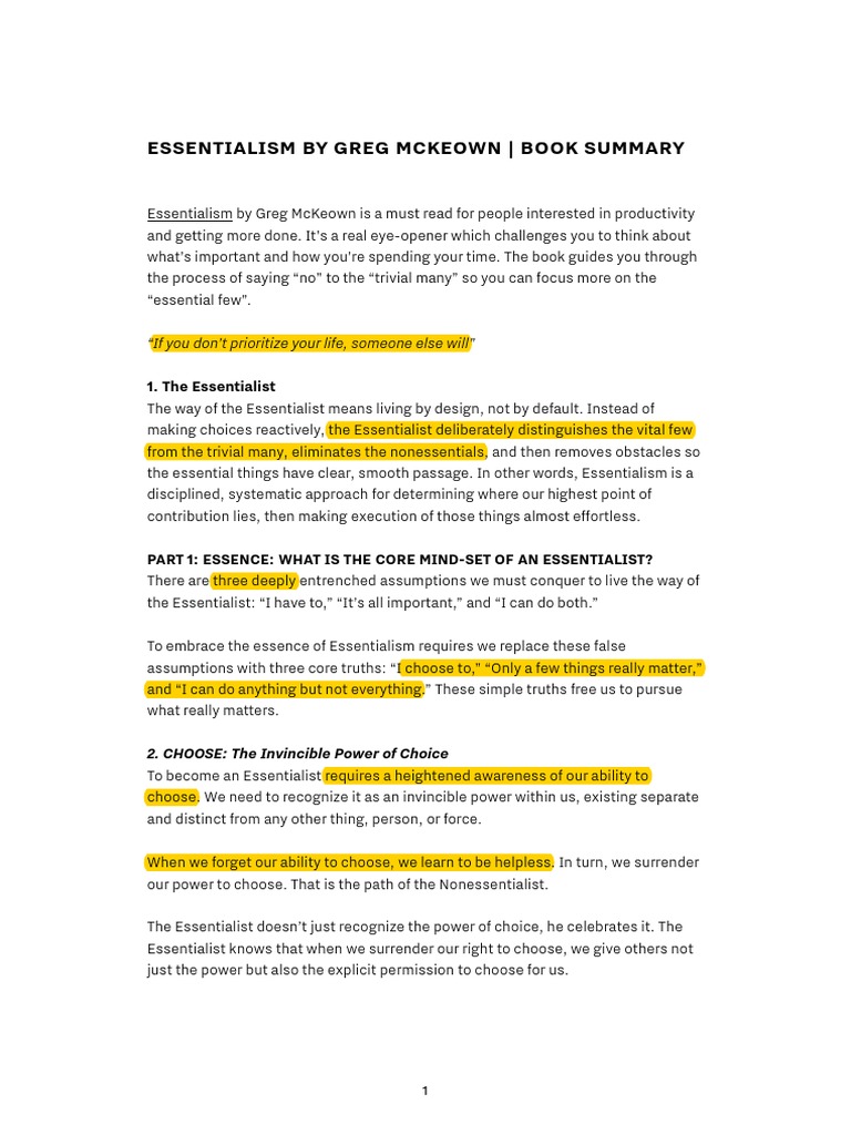 Essentialism: Key Concepts Summary | PDF | Essentialism | Sleep