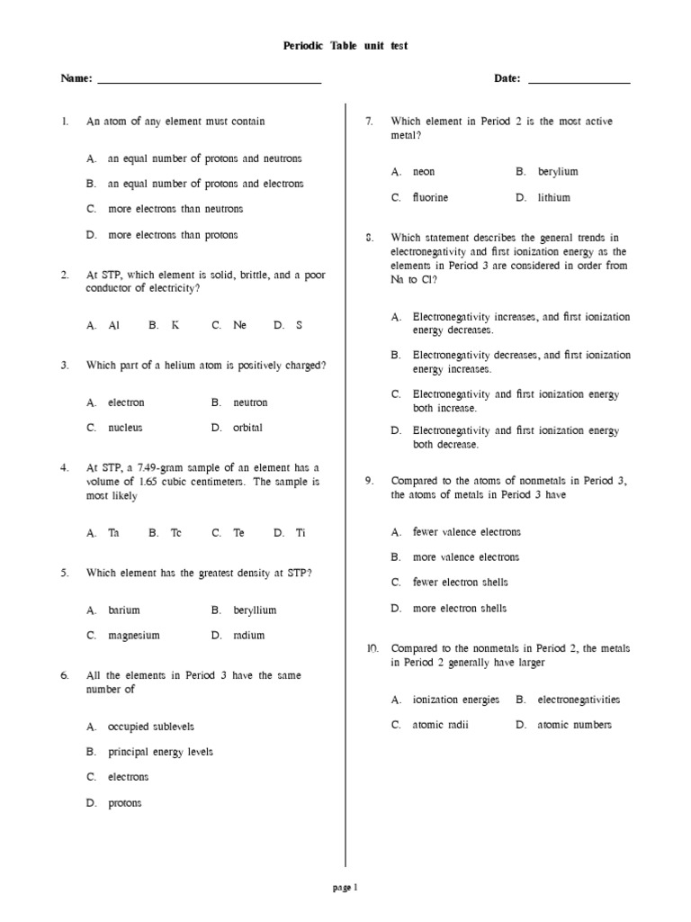Periodic Table Unit Test | PDF | Periodic Table | Chemical Elements