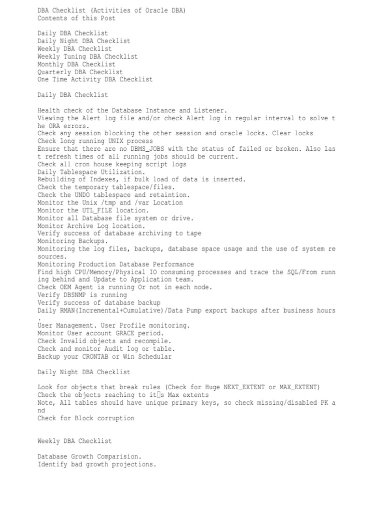 Check List (DBA Checklist (Activities of Oracle DBA) ) | PDF | Oracle ...