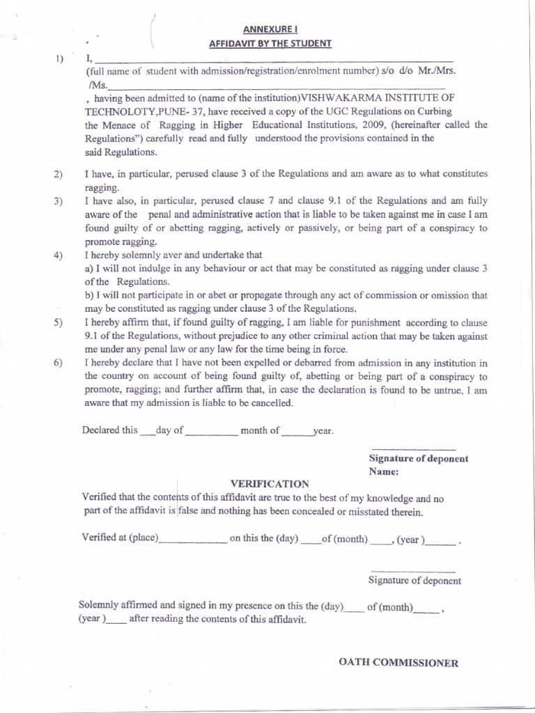 Format For Anti Ragging Undertaking To Be Given by Student at The Time ...