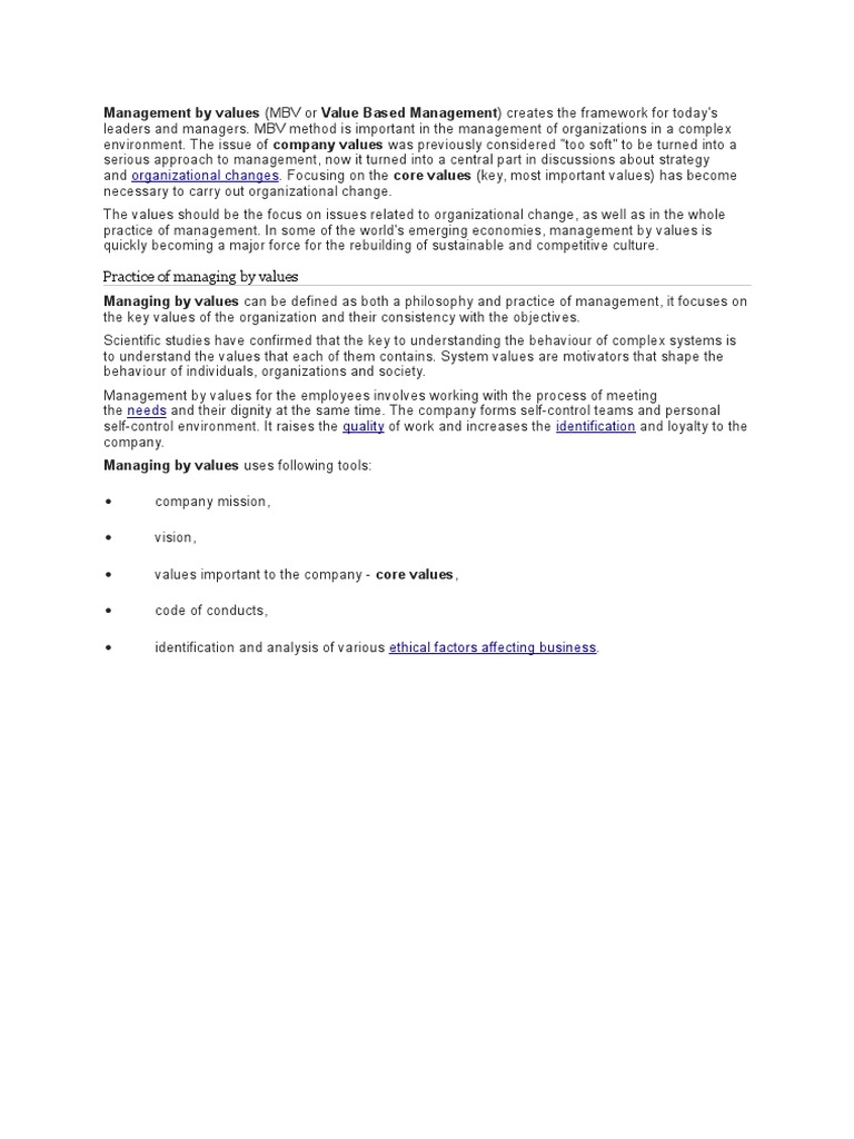 Organizational Changes: Management by Values (MBV or Value Based ...