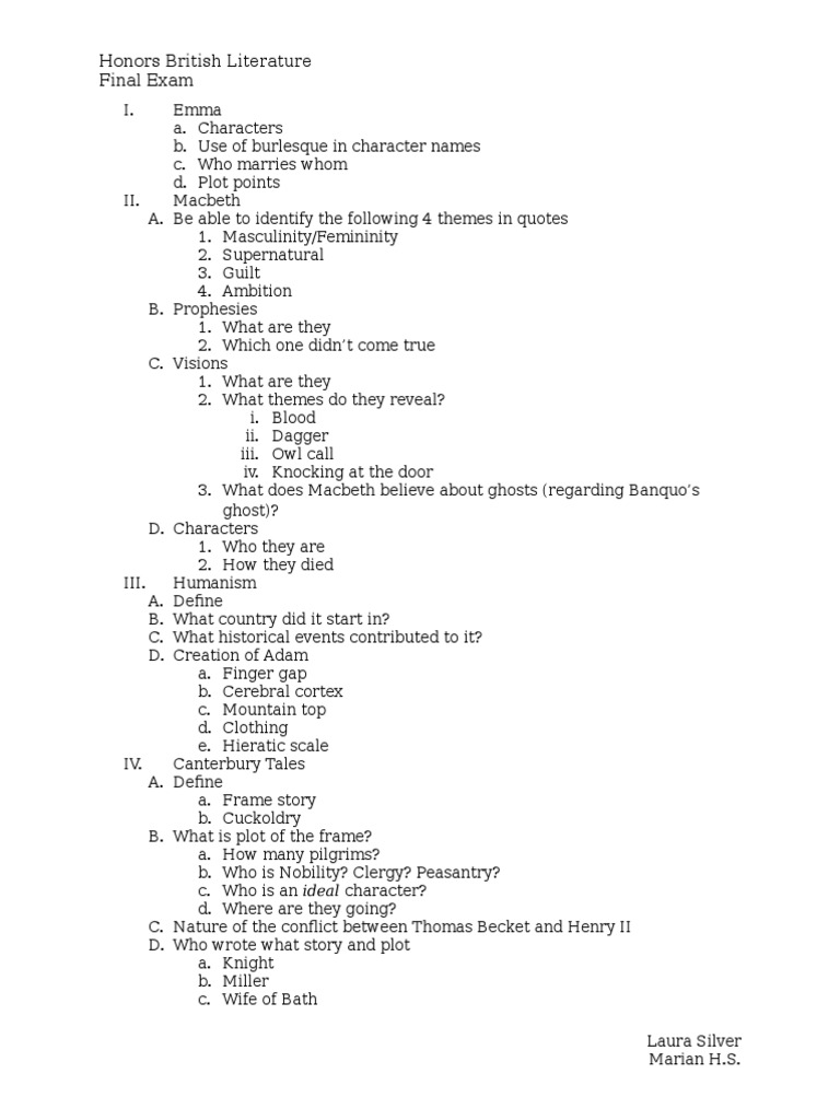 Honors British Literature Exam Guide | PDF