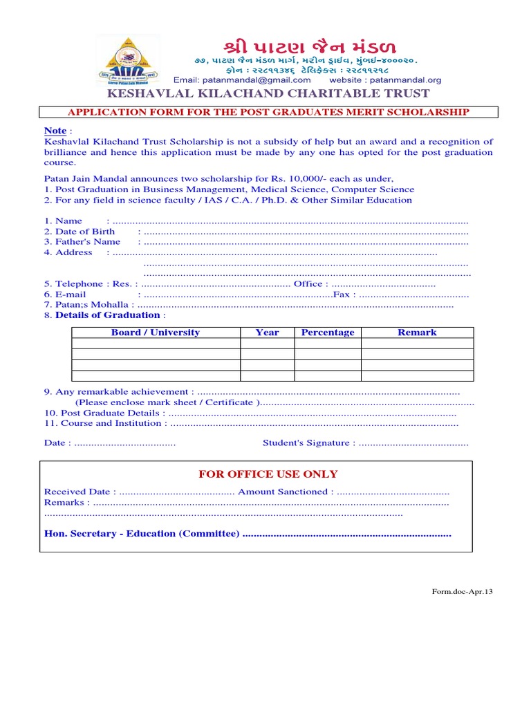 Keshavlal Kilachand Charitable Trust: Application Form For The Post ...