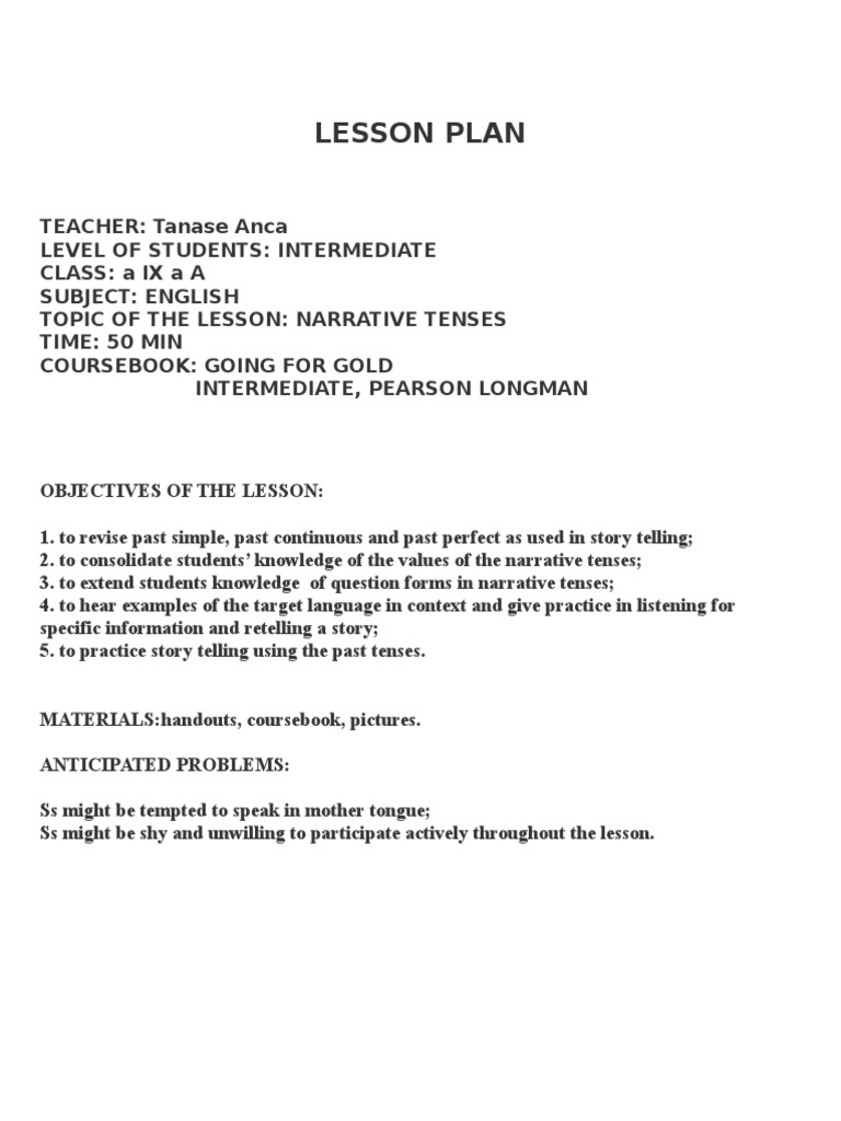 Narrative Tenses 9 Lesson Plan | PDF | Lesson Plan | Narrative
