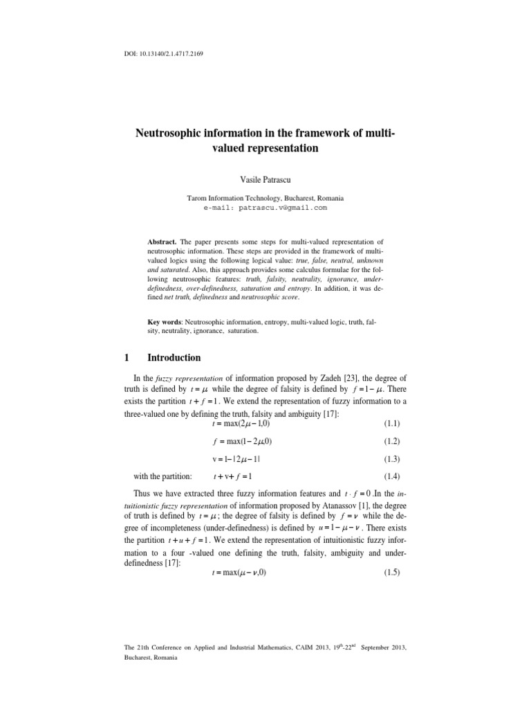 Neutrosophic Information in The Framework of Multivalued Representation | PDF