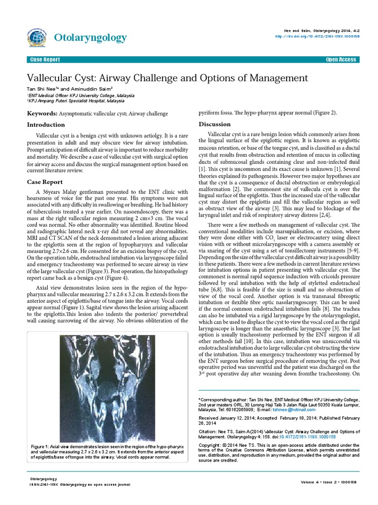 Vallecular Cyst Airway Challenge and Options of Management 2161 119X ...
