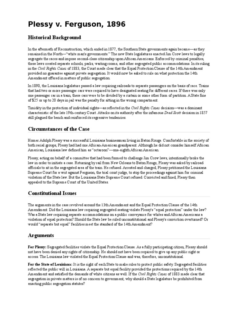plessy v ferguson 1896 case summary | Equal Protection Clause | Plessy ...