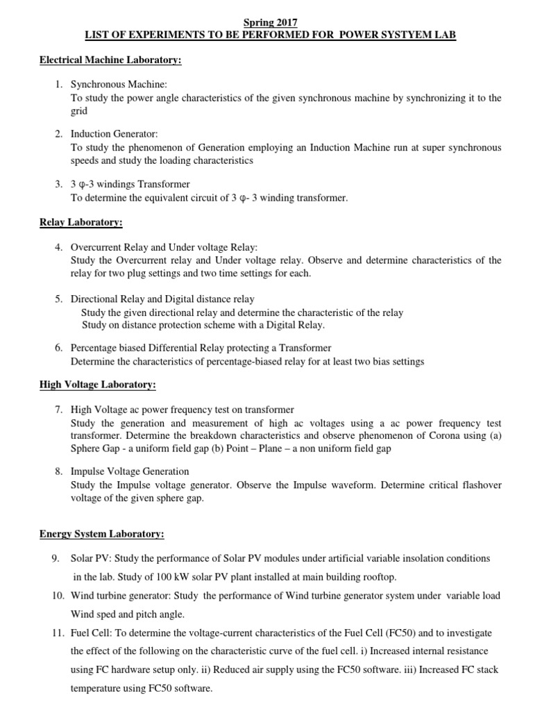 List of Experiments - Spring 2017 | PDF | Photovoltaic System | Transformer