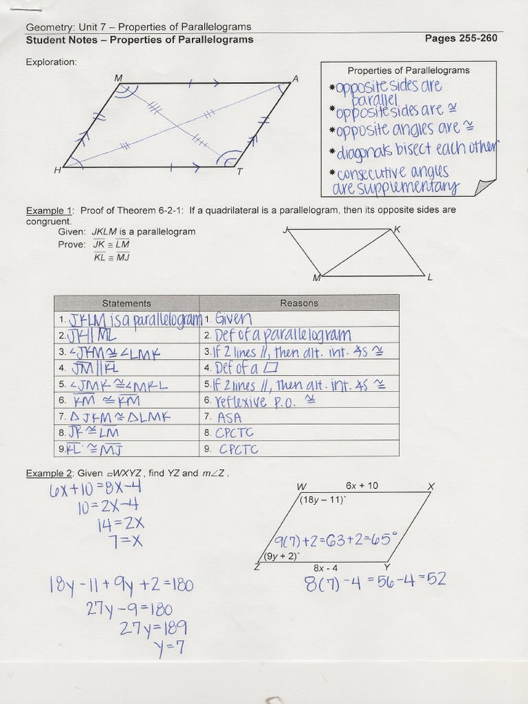 Properties of Parallelograms Notes 1 | PDF