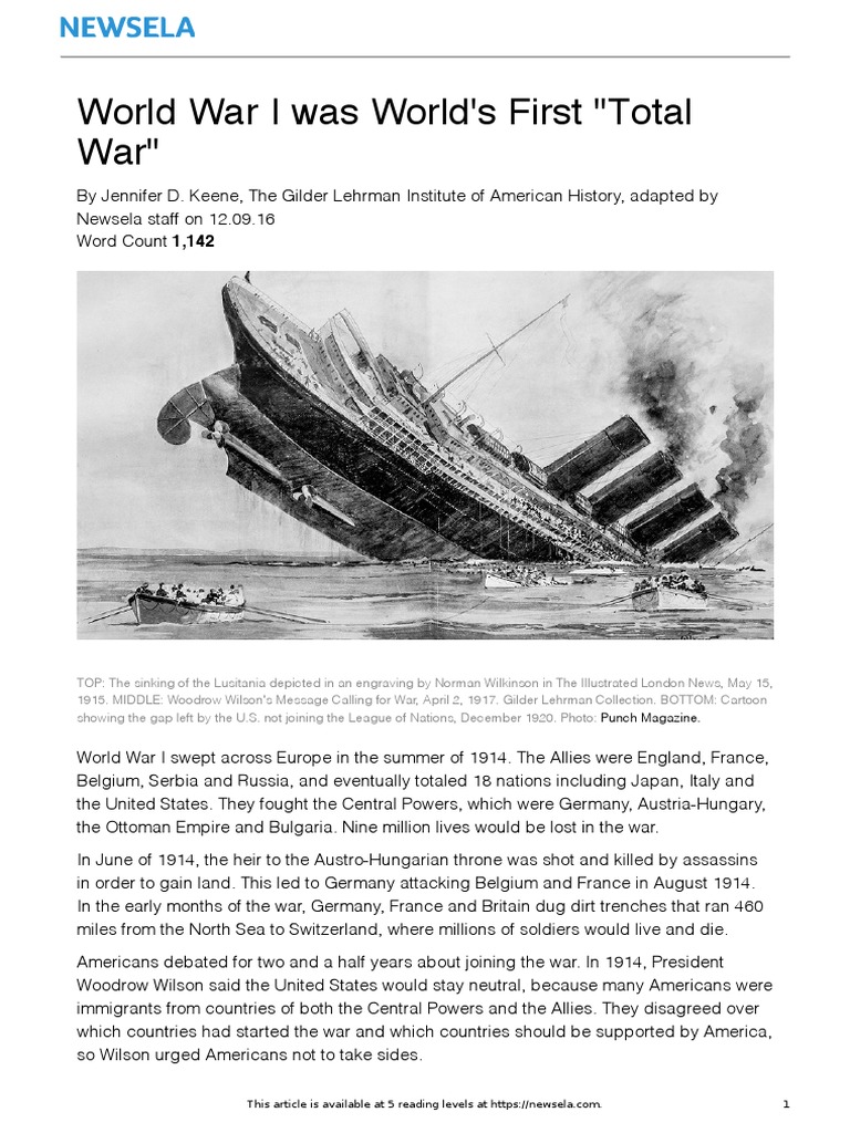 World War I - Newsela CRQ | PDF | U Boats | Central Powers