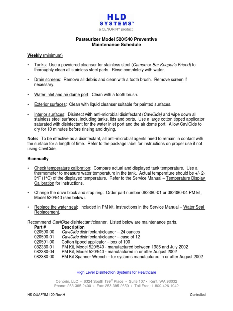 Pasteurizer 520 540 Preventive Maintenance Schedule | PDF