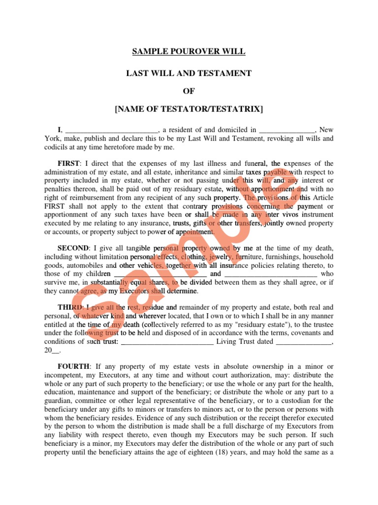 Sample: Sample Pourover Will Last Will and Testament OF (Name of ...