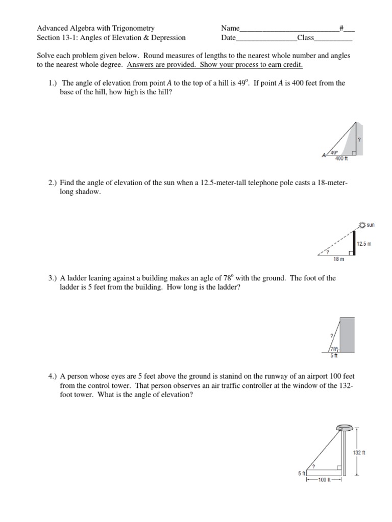 Angles of Elevation Depression Worksheet | PDF | Teaching Mathematics ...