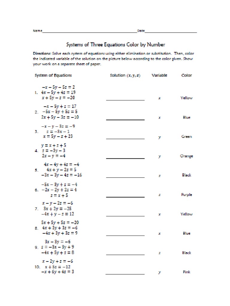 Systems of Equations 3 Variables Color by Number | PDF | Equations ...