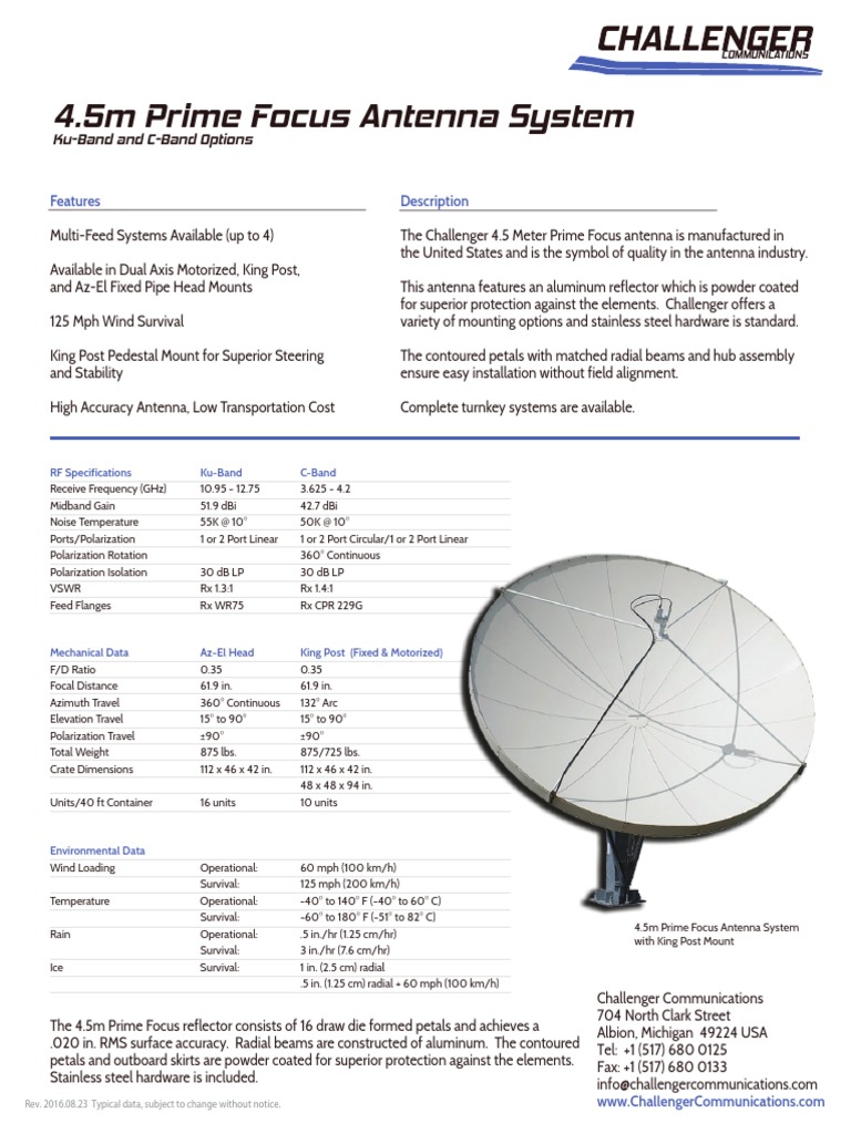 Challenger Communications 4.5m Prime-Focus Earth Station Antenna Data ...