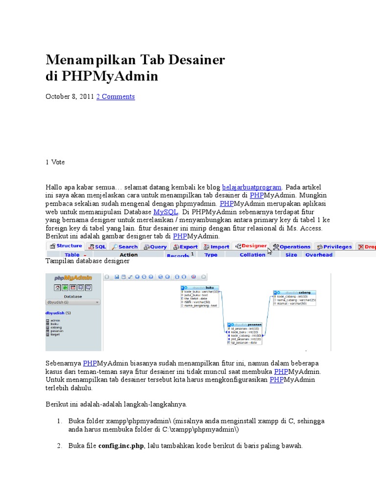 Menampilkan Tab Desainer Di Phpmyadmin | PDF