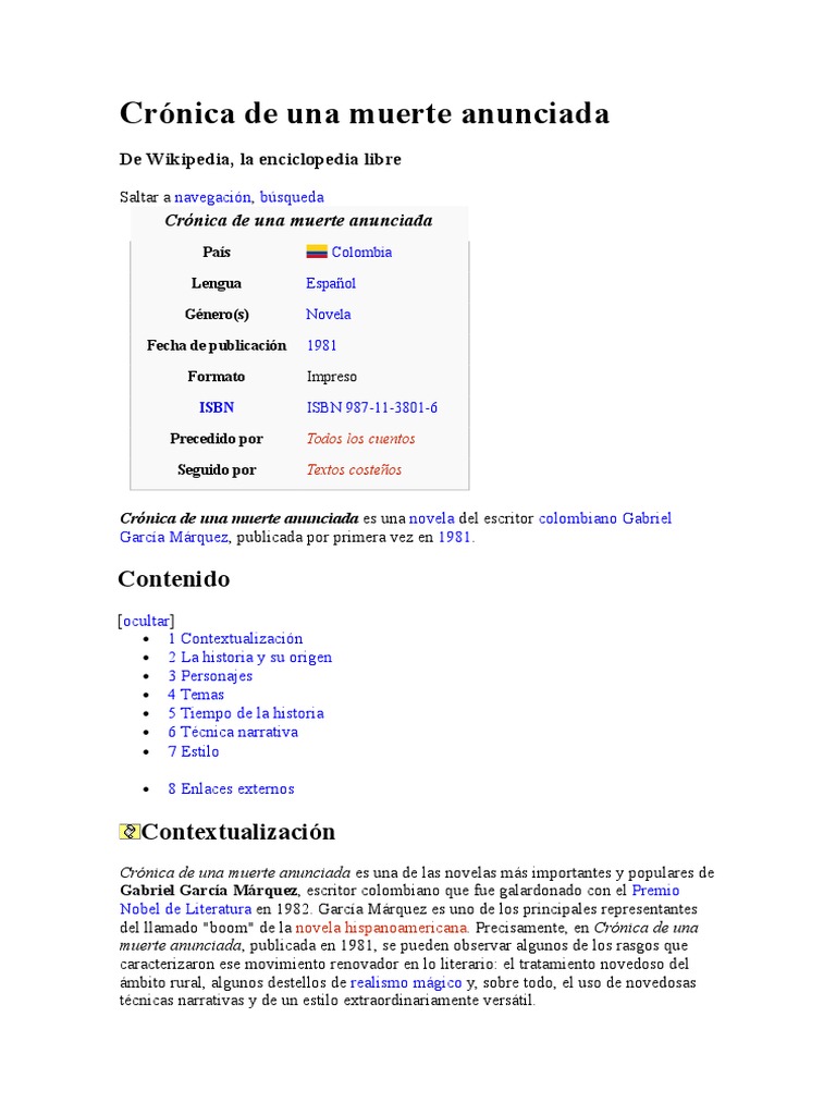 Crónica de Una Muerte Anunciada | PDF | Gabriel García Márquez | Novelas
