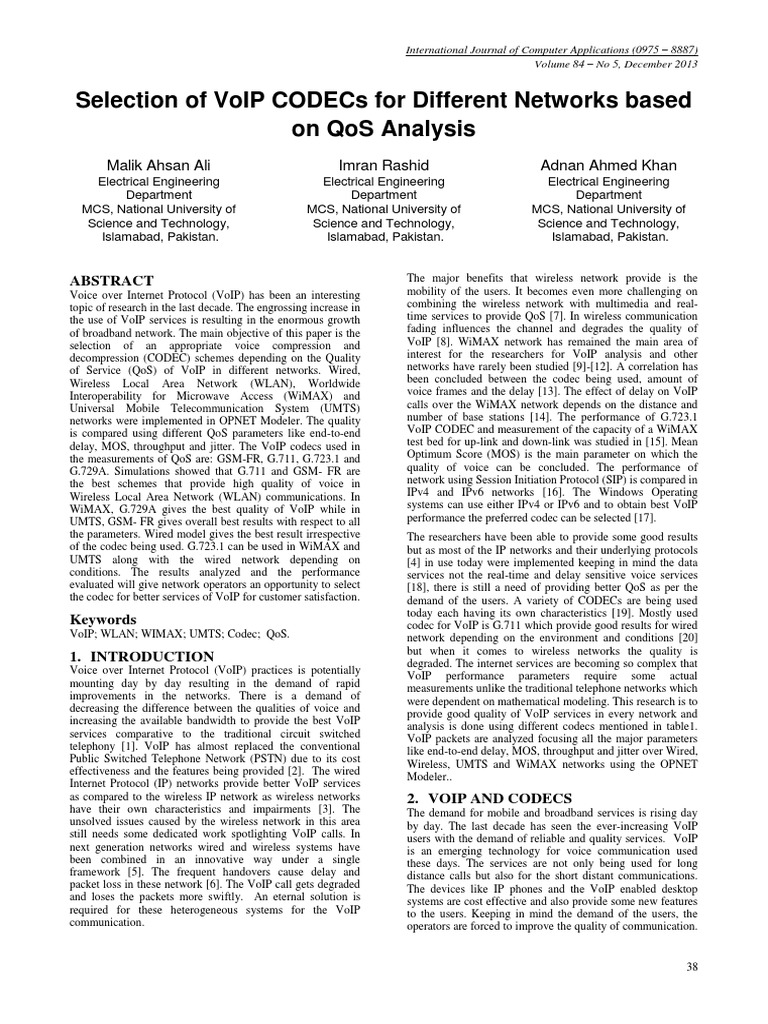 Selection of Voip Codecs For Different Networks Based On Qos Analysis | PDF | Voice Over Ip ...