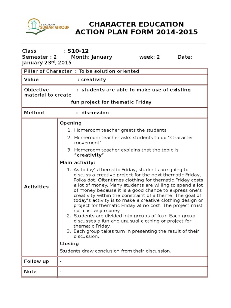 Character Education ACTION PLAN FORM 2014-2015 | PDF