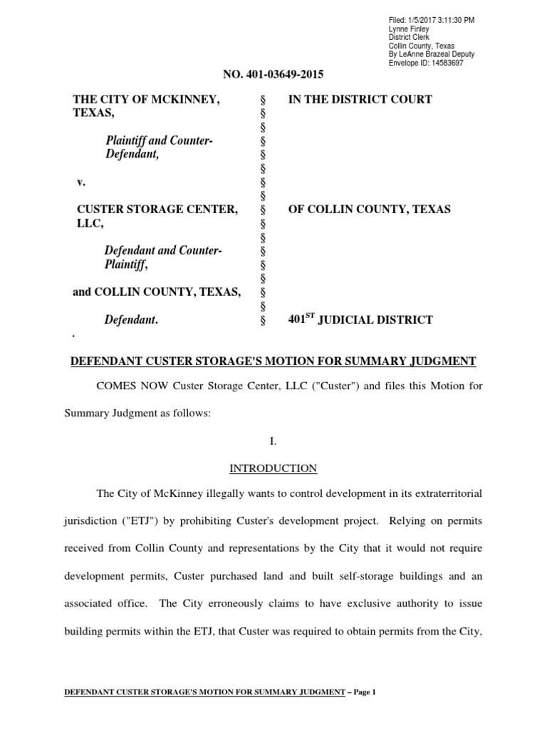 Defendant Custer Storage's Motion For Summary Judgment | PDF | Summary ...