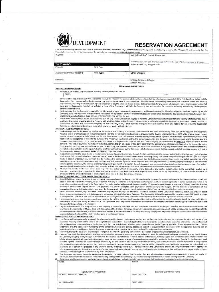 Reservation Agreement | PDF | Payments | Deed