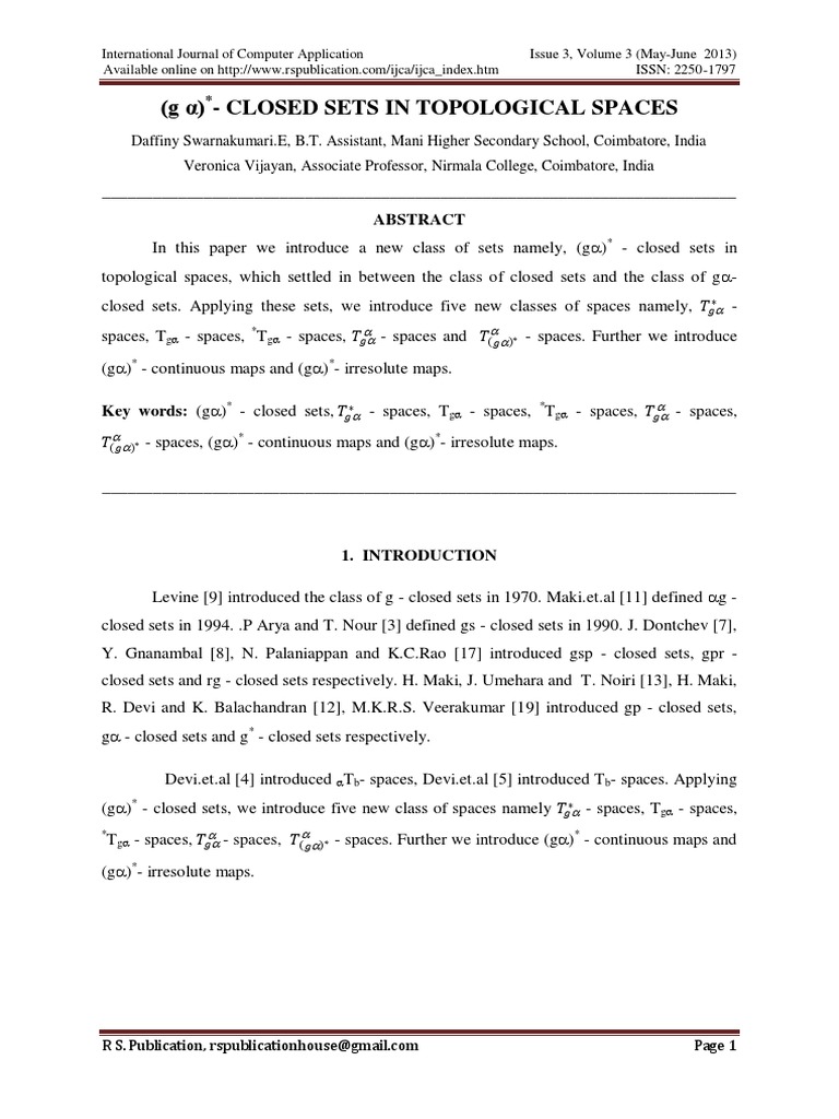 (g α) - Closed Sets In Topological Spaces | PDF | Continuous Function | Theorem