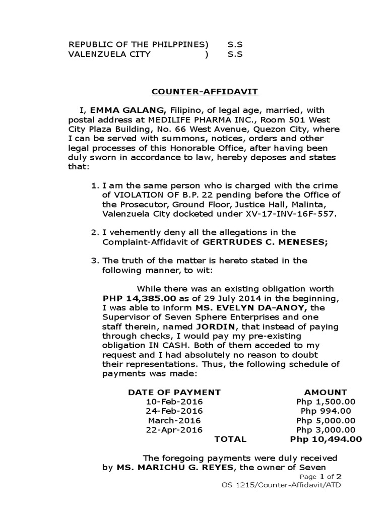 Counter-Affidavit of Emma Galang (Draft) | PDF | Affidavit | Social ...