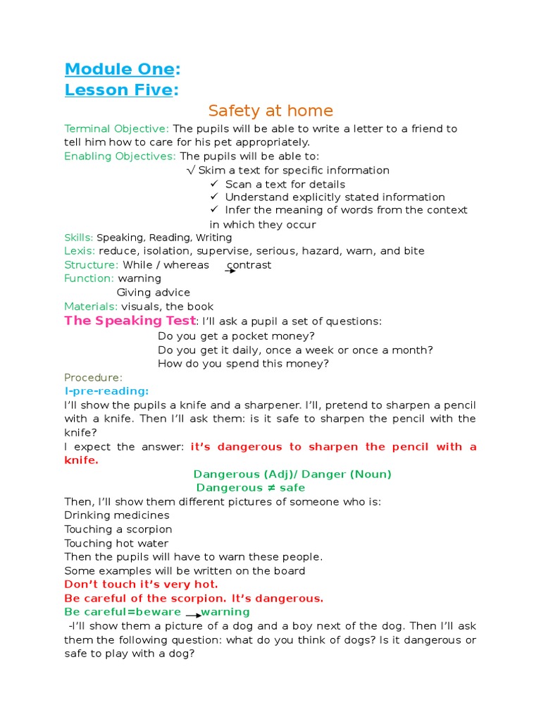 Module One: Lesson Five:: Safety at Home | PDF | Linguistics | Cognition
