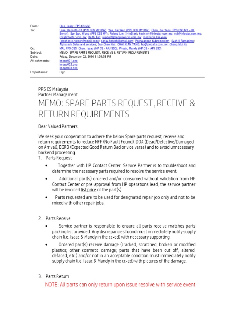 MEMO: SPARE PARTS REQUEST, RECEIVE & RETURN REQUIREMENTS | PDF