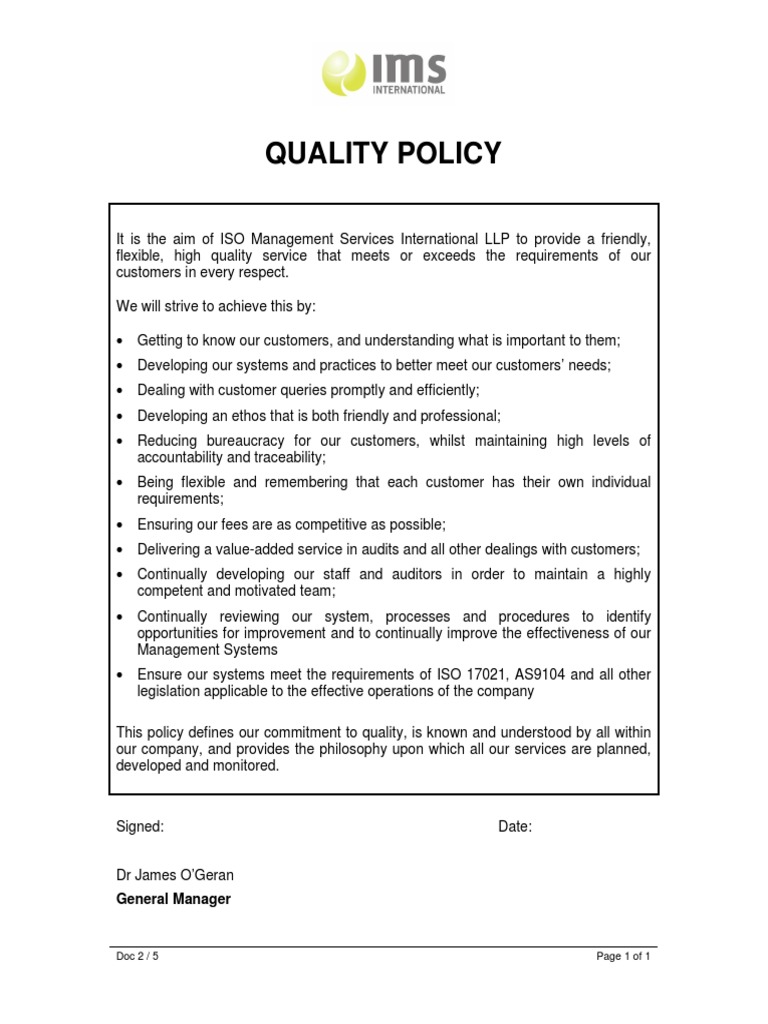 02 Issue 5 Quality Policy | PDF